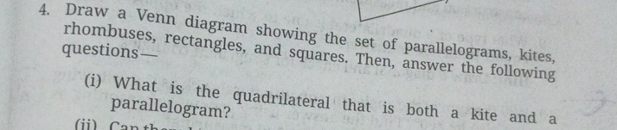 Draw a Venn diagram showing the set of parallelograms, kites, rhombuses,