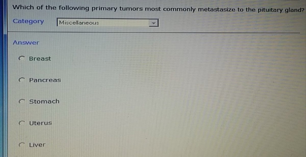 Which of the following primary tumors most commonly metastasize to the pi..