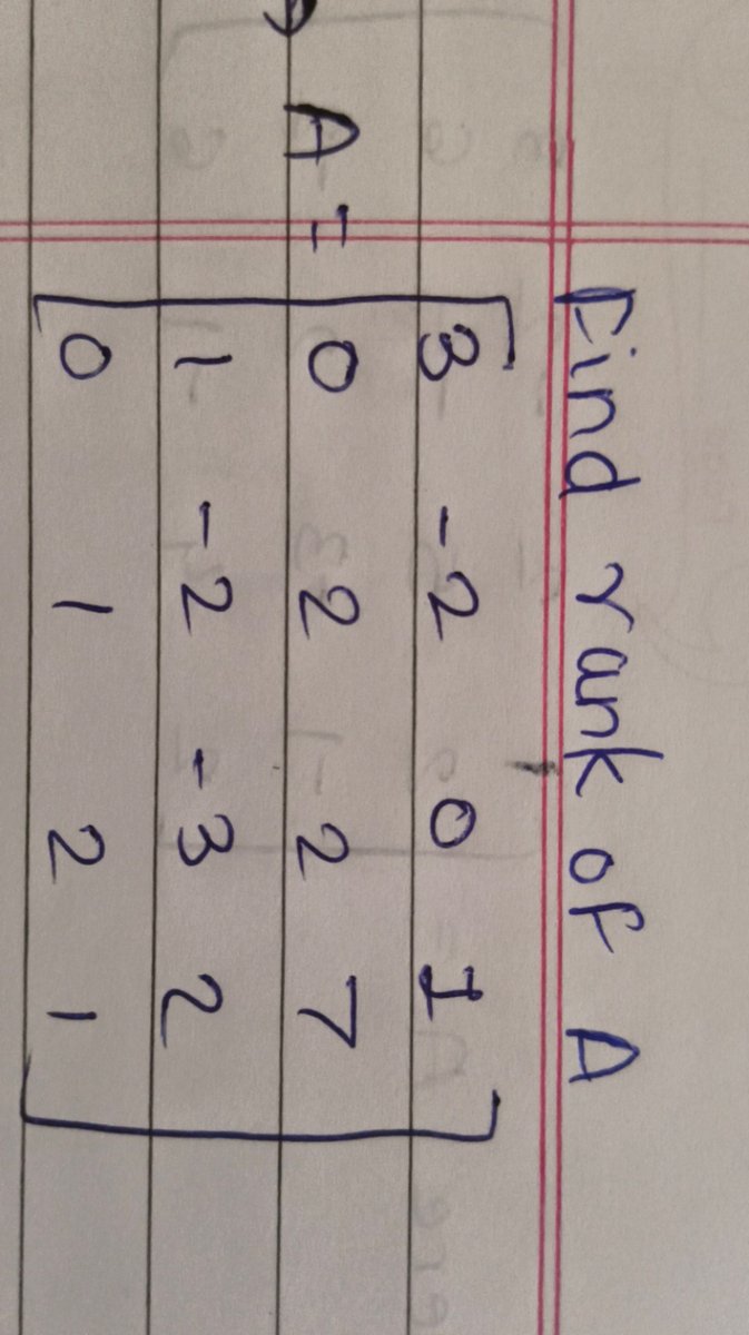 Find the rank of matrix A: A = 3 -2 0 1 1 -2 -3 2 | Filo