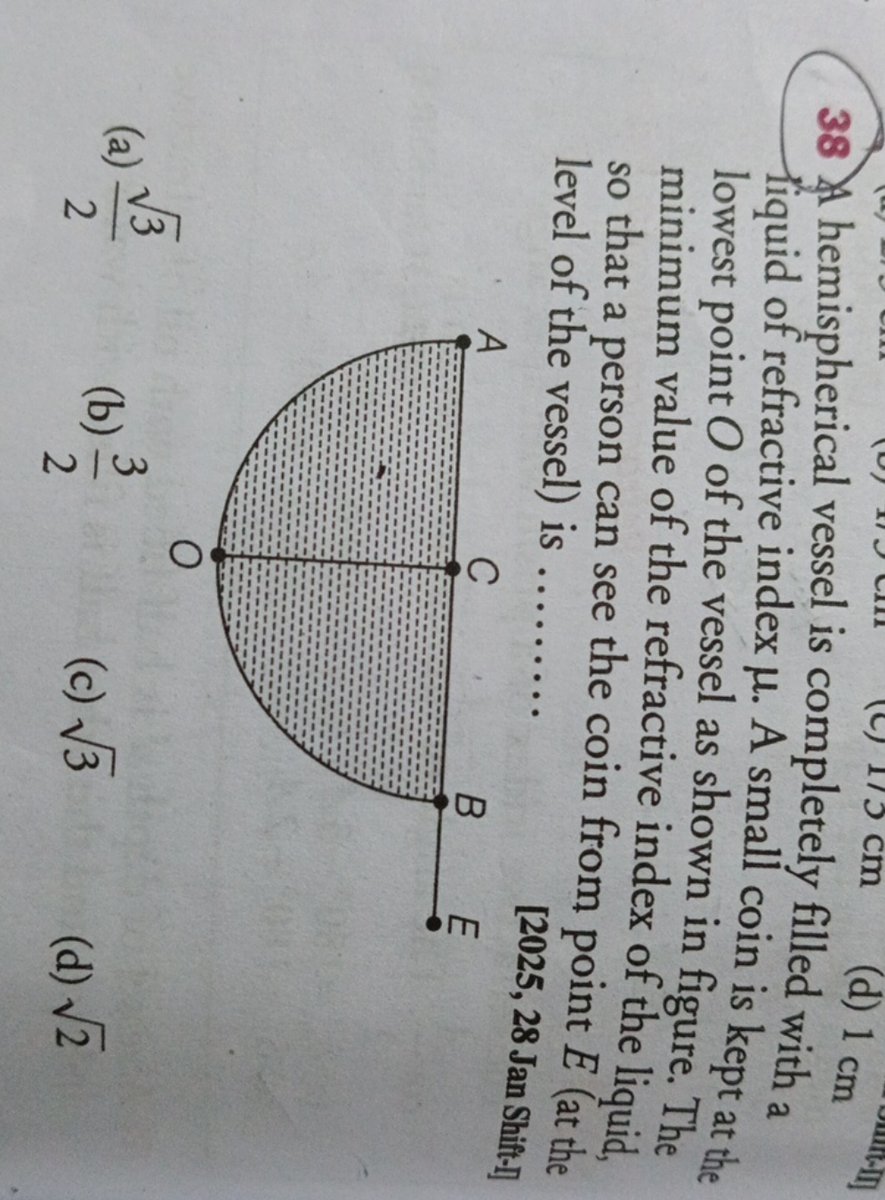 A hemispherical vessel is completely filled with a liquid of refractive i..