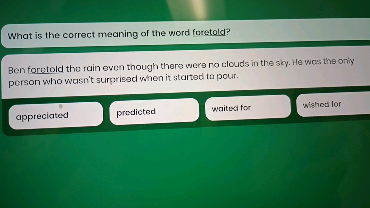 What is the correct meaning of the word foretold? Ben foretold the rain