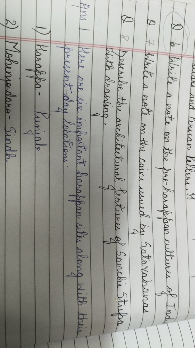 Here are the questions: Q6. Write a note on the pre-Harappan cultures of..