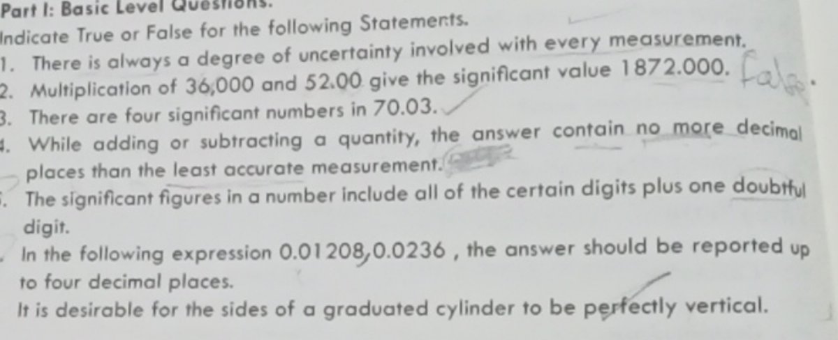 Part 1: Basic Level Questions. Indicate True or False for the following S..