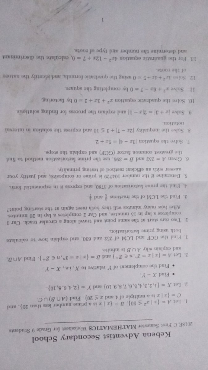 Here are some questions from a Grade 9 Mathematics Worksheet: Let A
