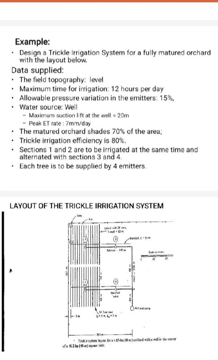 Design a Trickle Irrigation System for a fully matured orchard with the l..