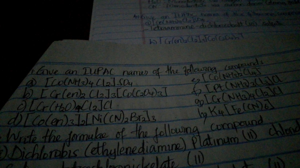 Give an IUPAC names of the following compounds: a) [Co(NH3)4Cl2]SO4 b) [C..