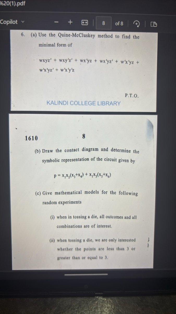 (a) Use the Quine-McCluskey method to find the minimal form of wxyz' + wx..