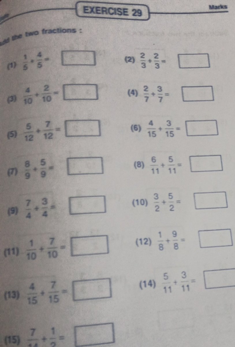 Add the two fractions: \frac{1}{5} + \frac{4}{5} = \boxed{?} \frac{2}{3}..