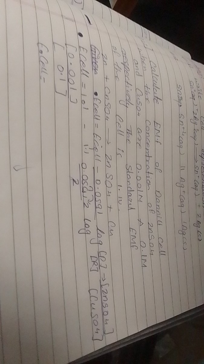 Calculate the EMF of a Daniell cell when the concentration of ZnSO₄ and C..