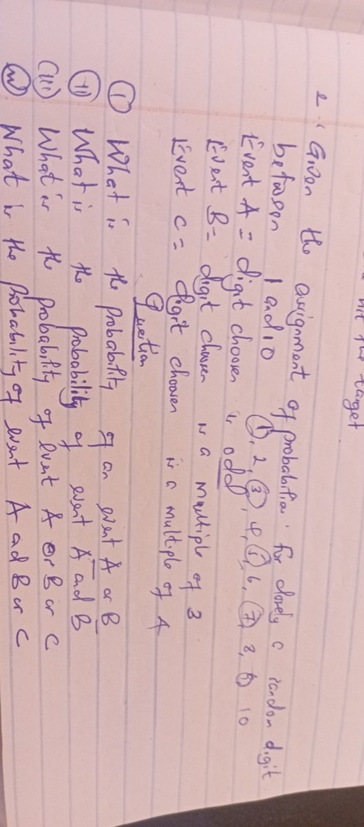 Given the assignment of probabilities for a randomly chosen digit between..