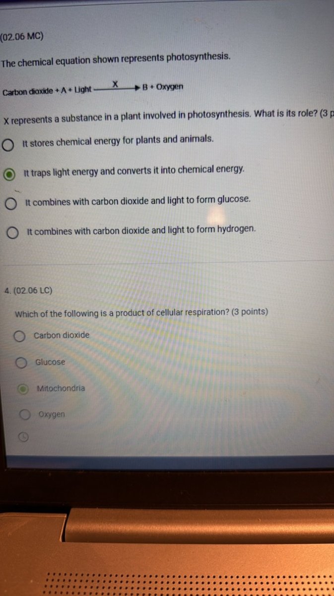 The chemical equation shown represents photosynthesis. Carbon dioxide