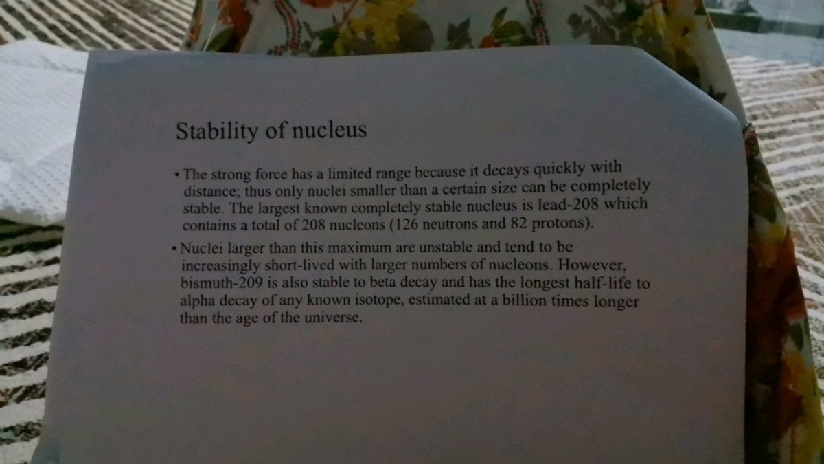 Stability of nucleus The strong force has a limited range because it dec..