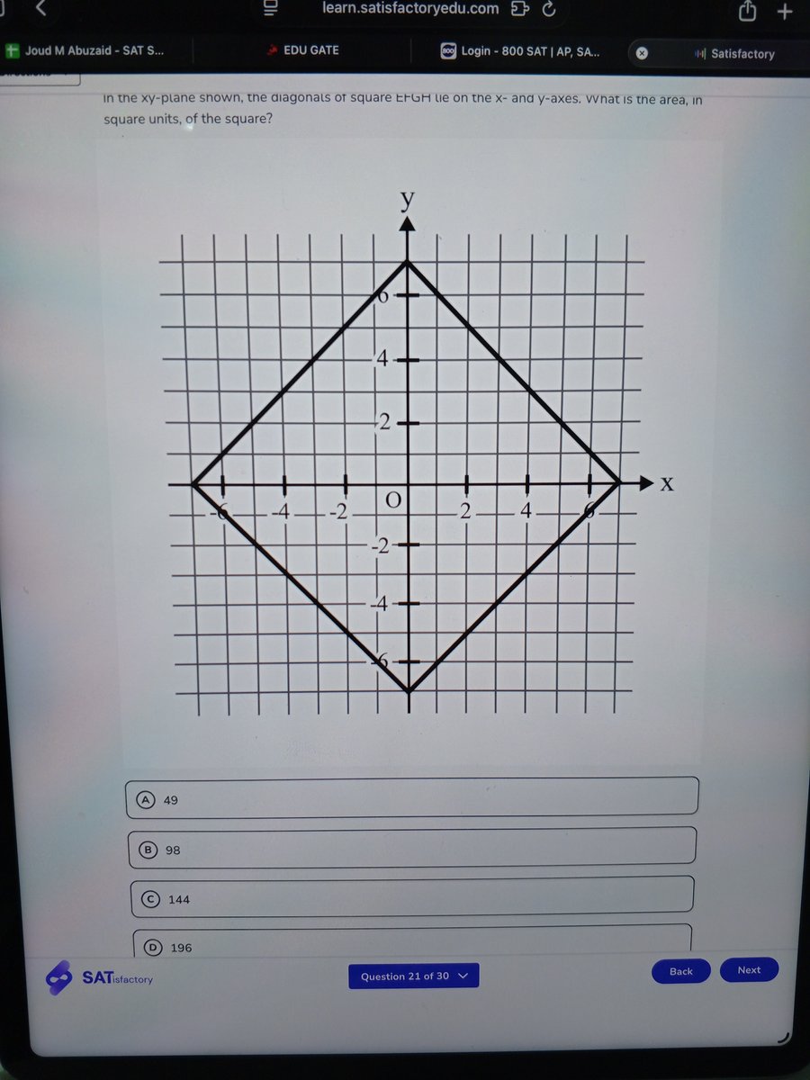 In the xy-plane shown, the diagonals of square EFGH lie on the x- and y-a..