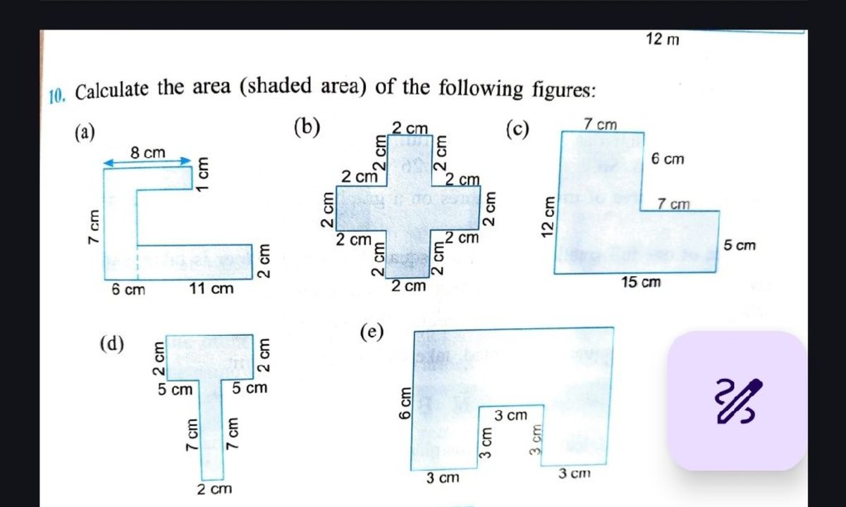 Calculate the area (shaded area) of the following figures: (a) A figure