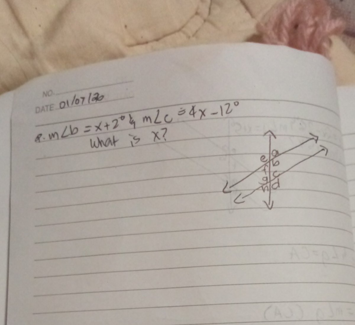 Given the diagram with two parallel lines intersected by a transversal, a..