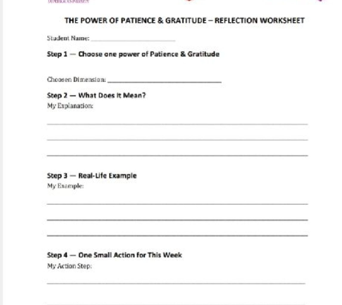 THE POWER OF PATIENCE & GRATITUDE – REFLECTION WORKSHEET Student Name:
