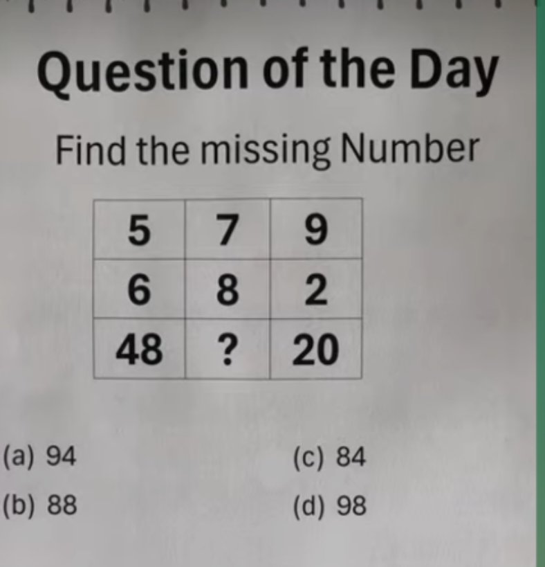 Question of the Day Find the missing Number | 5 | 7 | 9