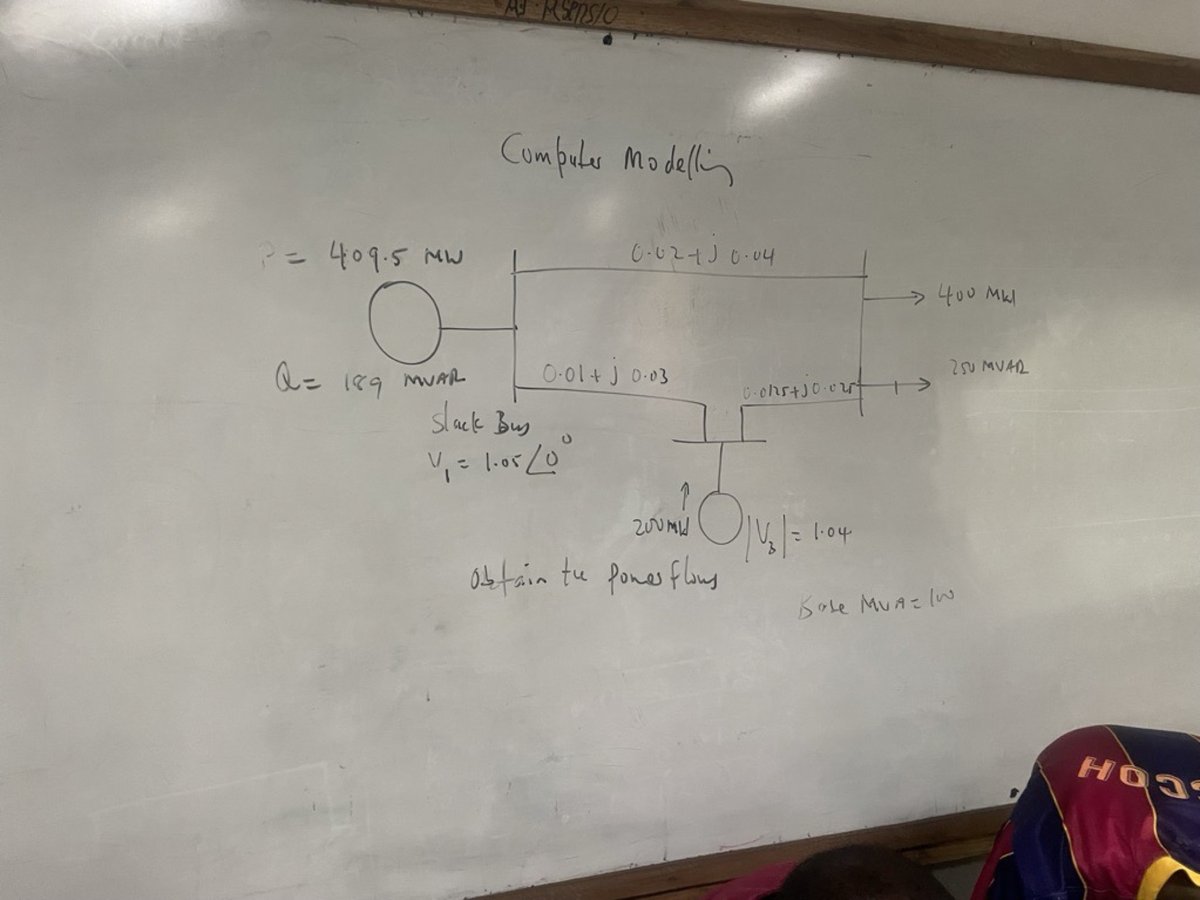 Given the power system diagram with the following parameters: Bus 1 (Sla..