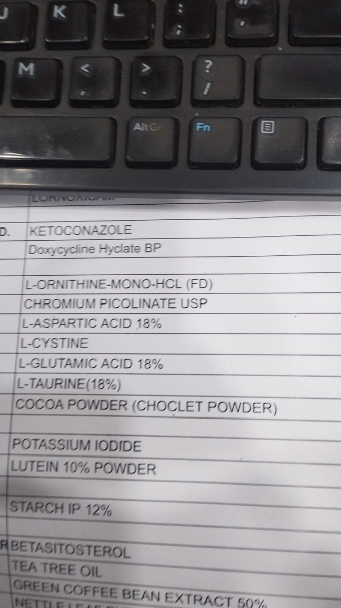 The image displays a list of chemical compounds and ingredients. Could yo..