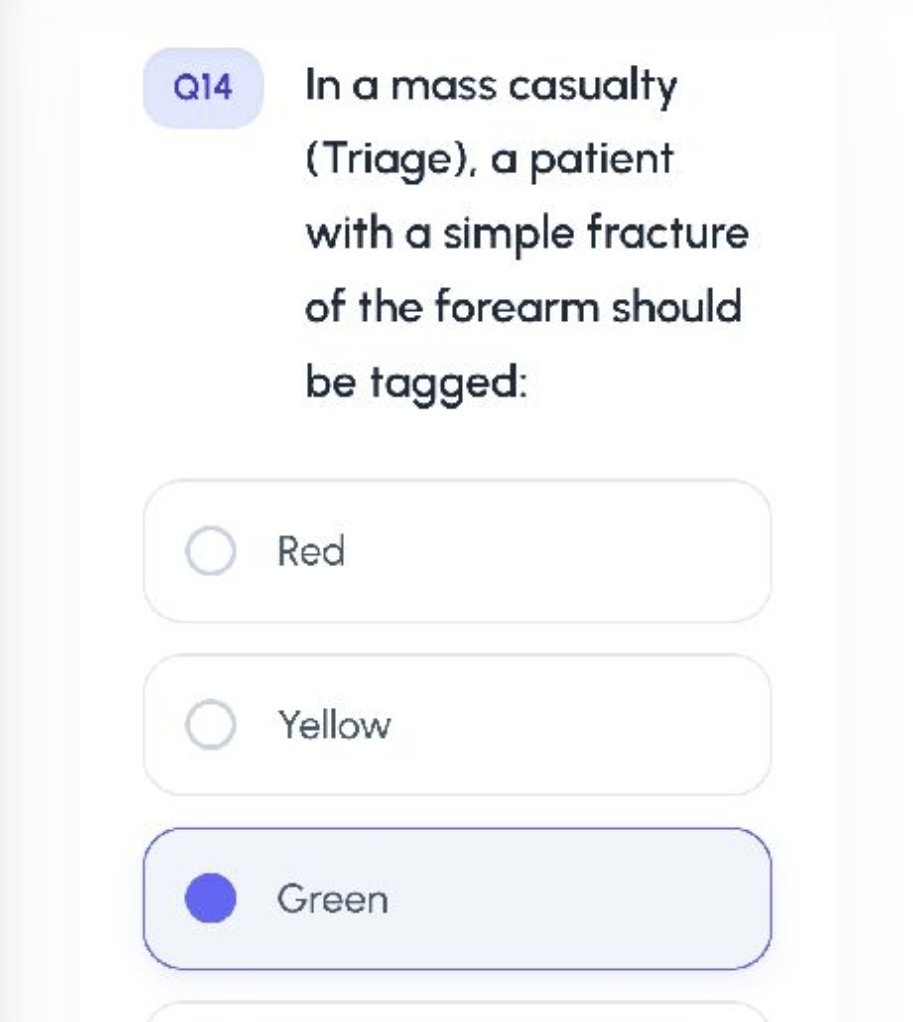 In a mass casualty (Triage), a patient with a simple fracture of the fore..