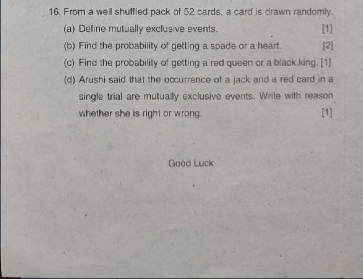 From a well shuffled pack of 52 cards, a card is drawn randomly. (a) Def..