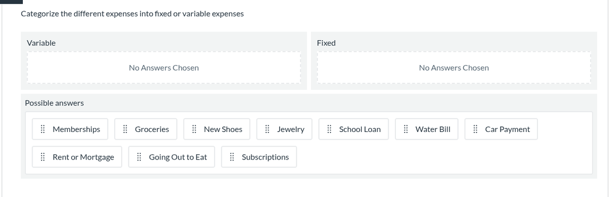 Categorize the different expenses into fixed or variable expenses: Possi..