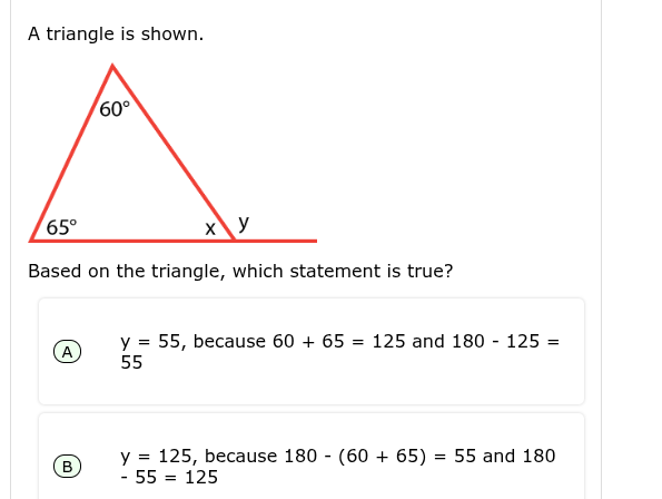 A triangle is shown. [Diagram of a triangle with angles 60°, 65°, and an..