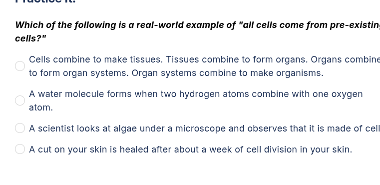 Which of the following is a real-world example of "all cells come from pr..