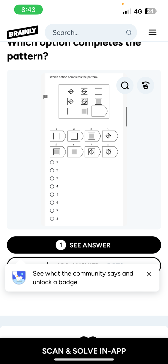 Which option completes the pattern? [Image of a pattern with 8 options b..