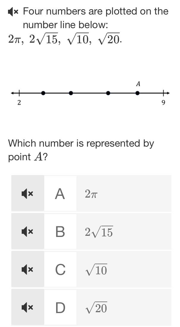 Four numbers are plotted on the number line below: 2\pi, 2\sqrt{15}, \sqr..