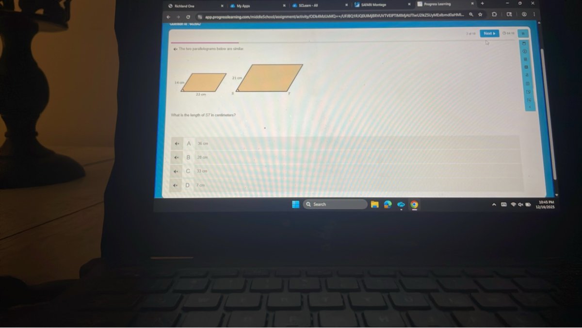 The two parallelograms below are similar. [Diagram of two similar parall..
