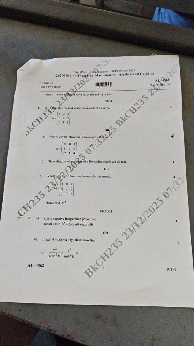 a) Find the row rank and column rank of a matrix. A = \begin{pmatrix}