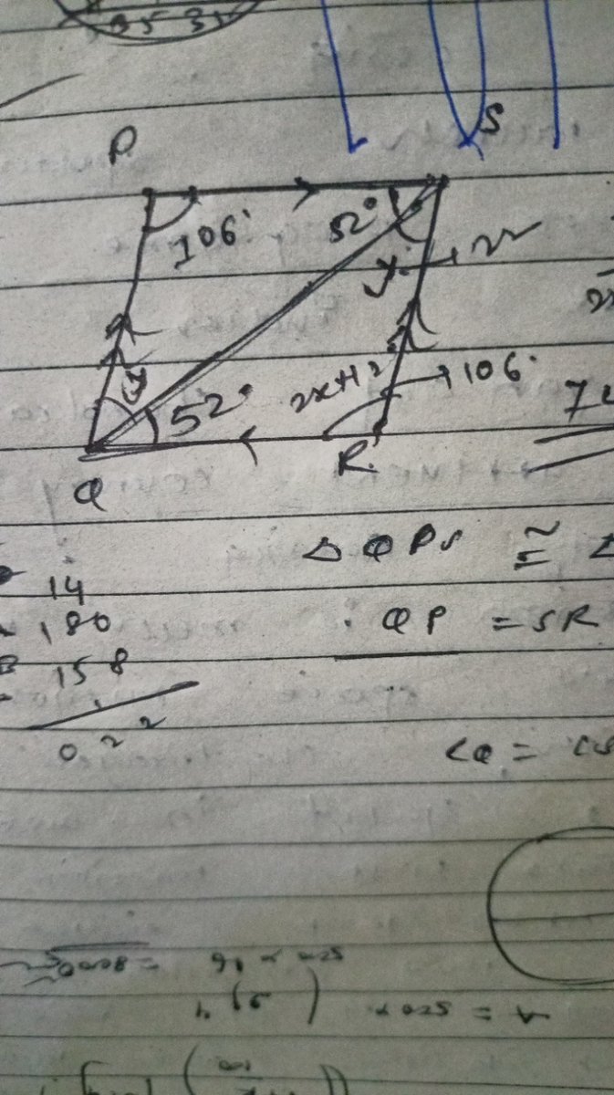 The image shows a quadrilateral PQRS with a diagonal QS. Several angles a..