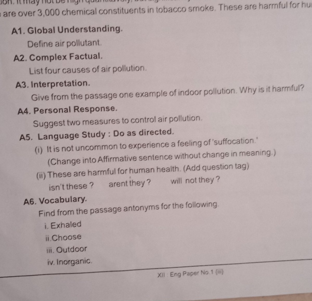 A1. Global Understanding. Define air pollutant. A2. Complex Factual. List..