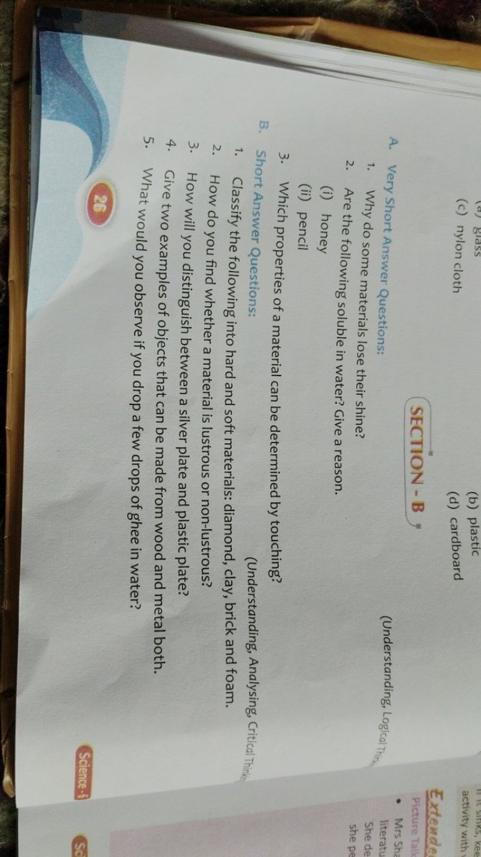 Here are the questions from Section B: A. Very Short Answer Questions: W..
