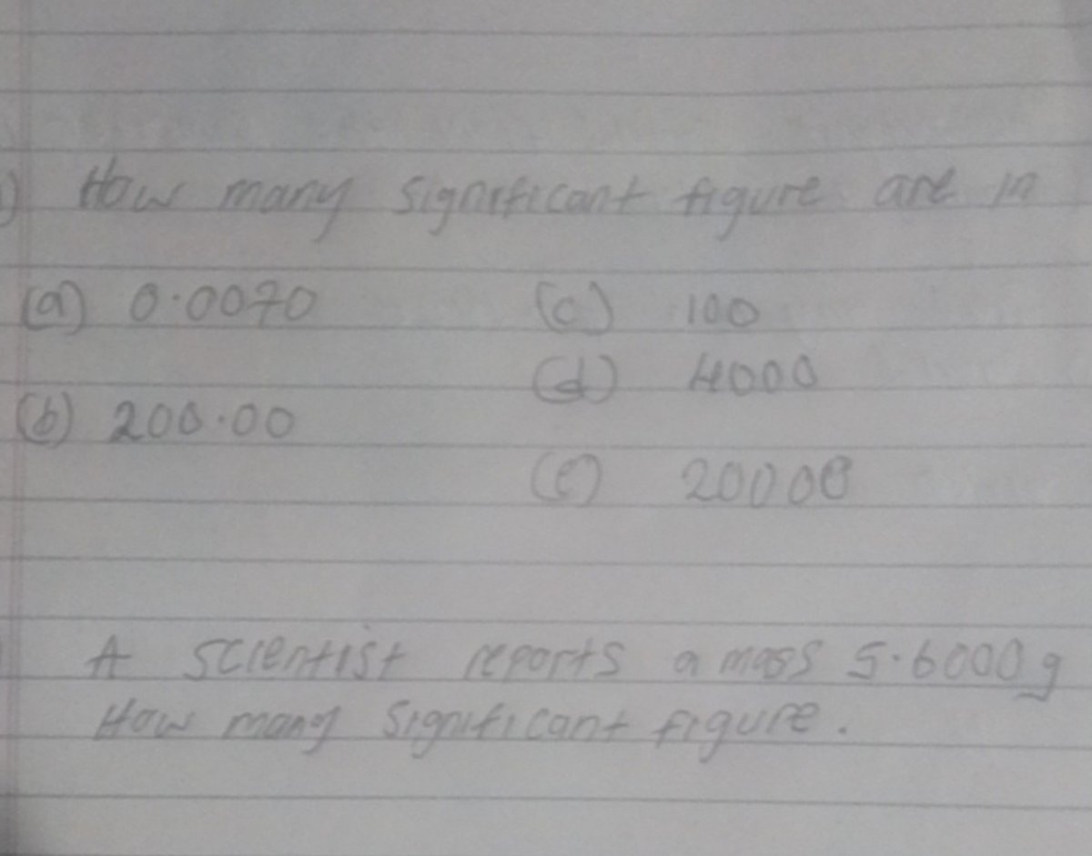 How many significant figures are in: (a) 0.0070 (b) 200.00 (c) 100 (d) 40..