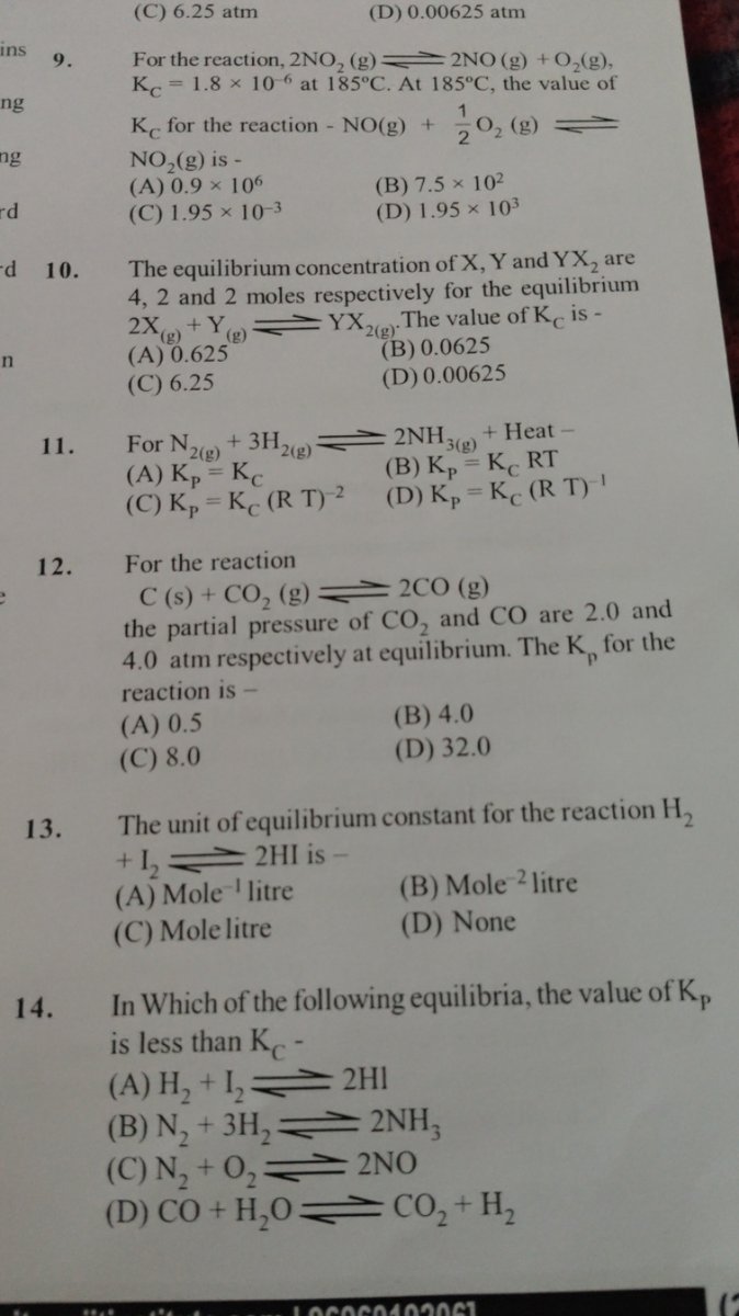 For the reaction, 2NO_2(g) \rightleftharpoons 2NO(g) + O_2(g), K_c = 1.8