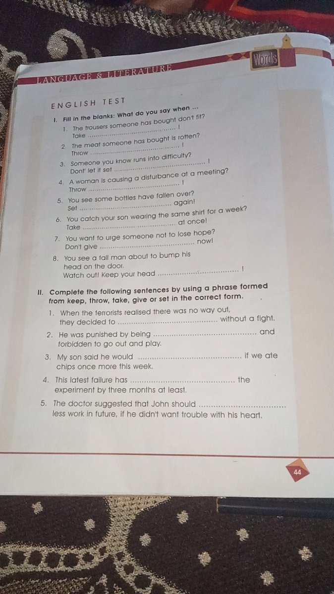 Words LANGUAGE & LITERATURE ENGLISH TEST Fill in the blanks: What do you