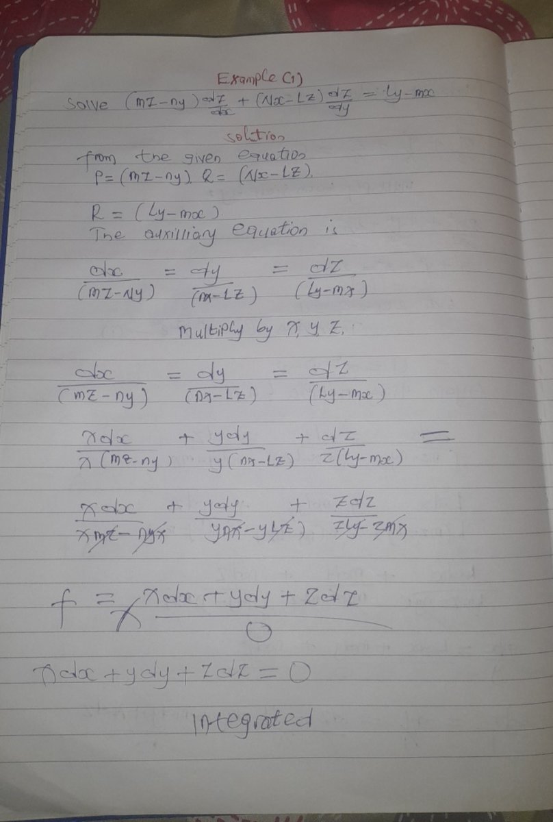 Solve the differential equation: (MZ - ny) \frac{dx}{dz} + (Nx - Lz) \fr..