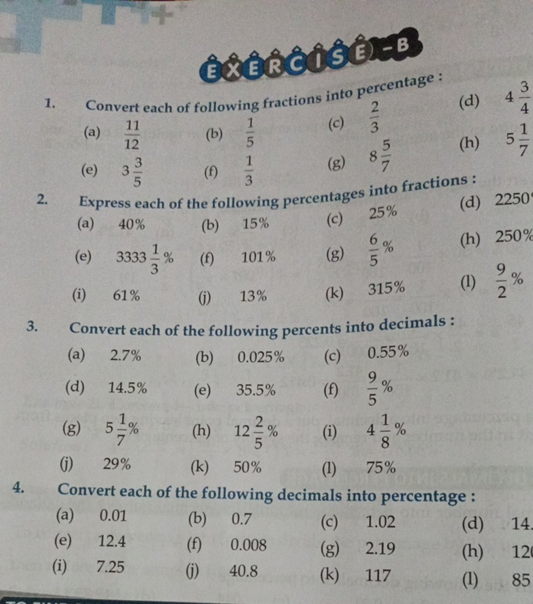 Convert each of the following fractions into percentage: (a) 11/12