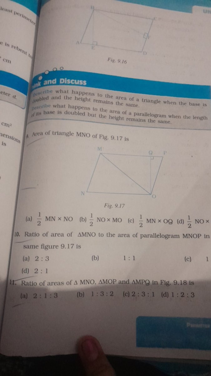 Area of triangle MNO of Fig. 9.17 is (a) \frac{1}{2} MN \times NO (b) \f..