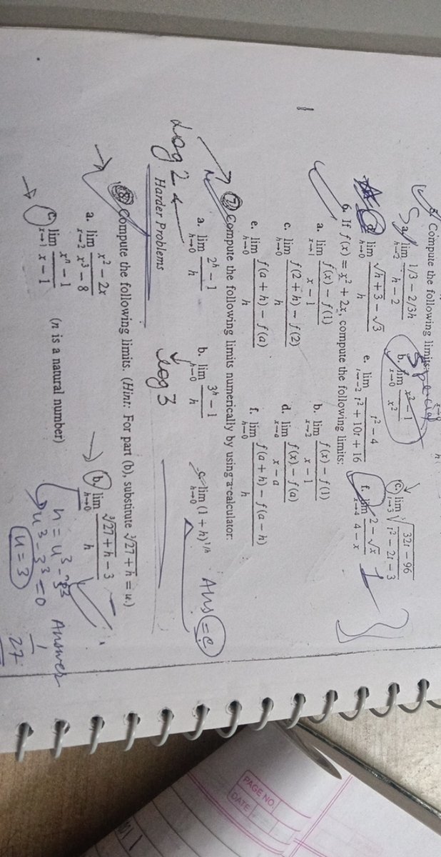 If f(x) = x² + 2x, compute the following limits: a. lim (h->0) [f(x) - f(..