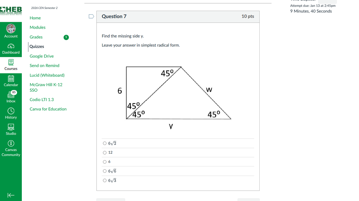 Find the missing side y. Leave your answer in simplest radical form. [Di..