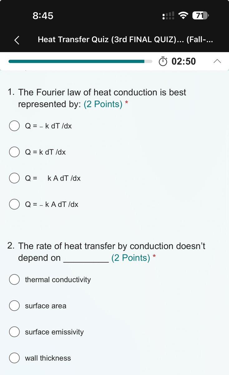The Fourier law of heat conduction is best represented by: A. Q = - k dT..