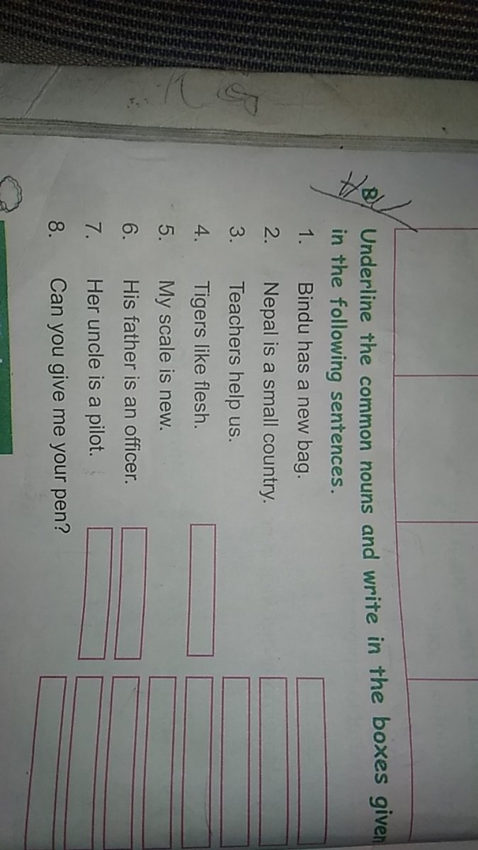 Underline the common nouns and write in the boxes given in the following