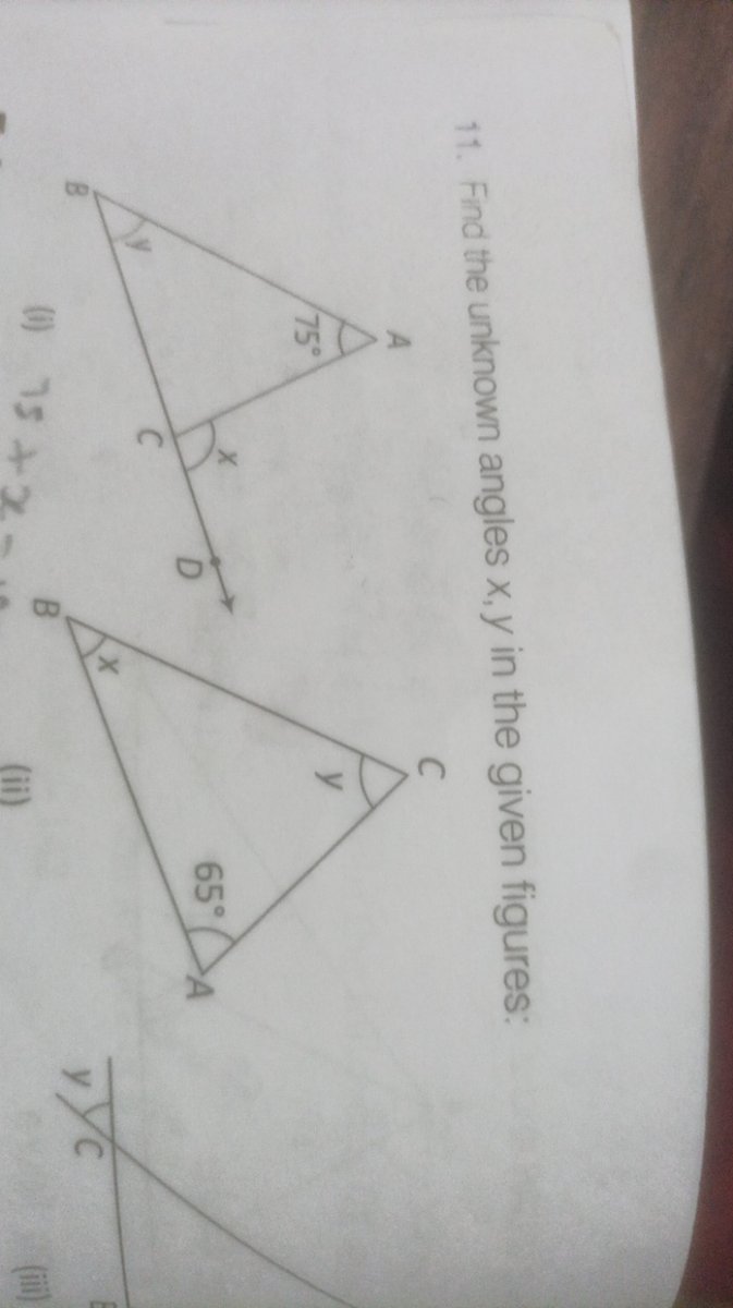 Find the unknown angles x, y in the given figures: (i) A triangle ABC wi..