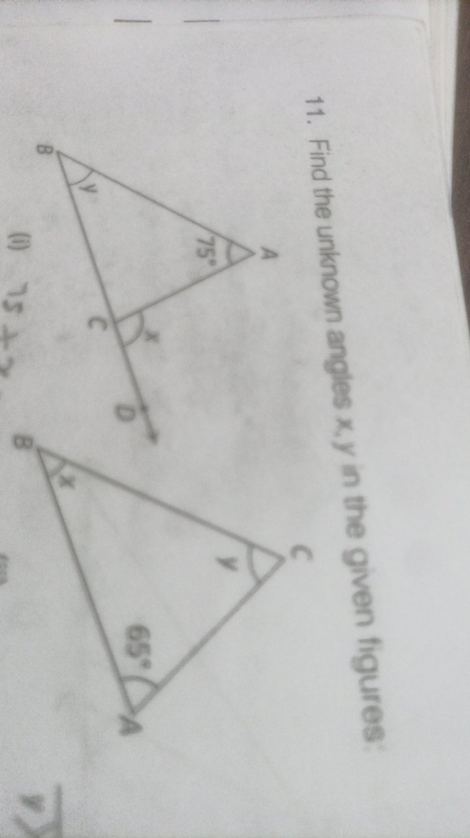 Find the unknown angles x, y in the given figures: (Figure 1) Triangle A..