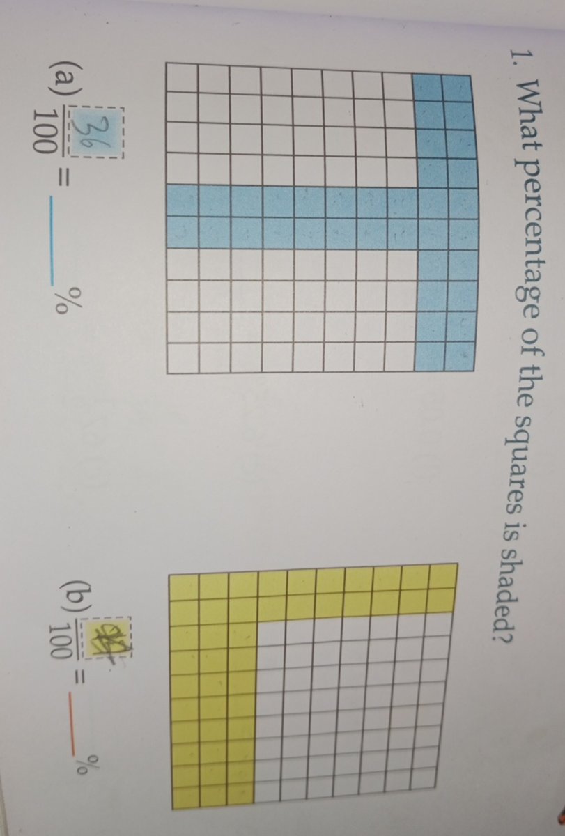 What percentage of the squares is shaded? (a) [Diagram with 36 shaded sq..