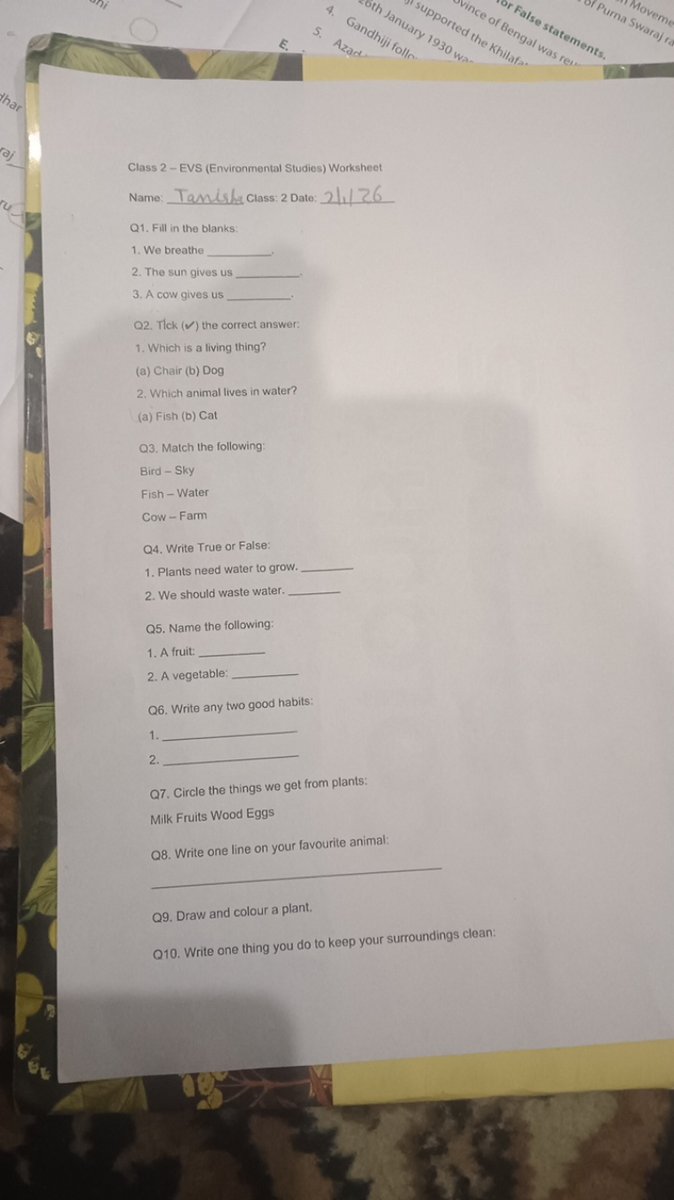Class 2 - EVS (Environmental Studies) Worksheet Name: Tanisha Class: 2 Da..