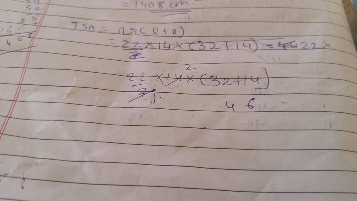 The image shows a calculation for Total Surface Area (TSA) using the form..